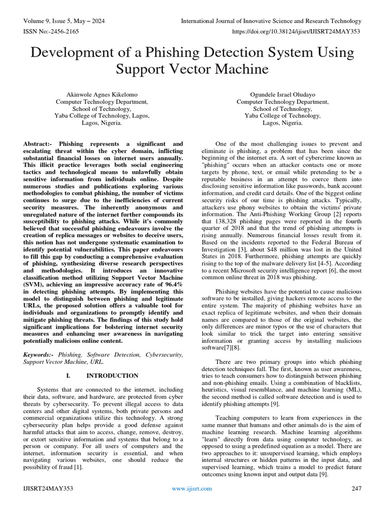 Development Of A Phishing Detection System Using Support Vector Machine Pdf Phishing