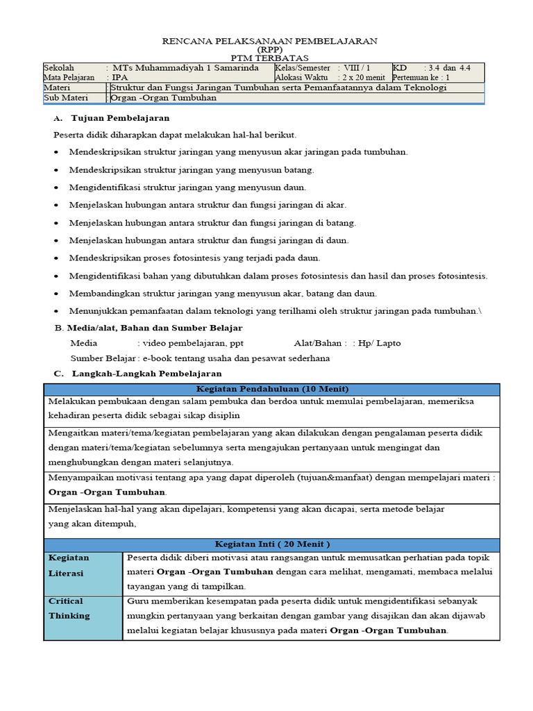 RPP IPA: Jaringan Tumbuhan & Teknologi | PDF