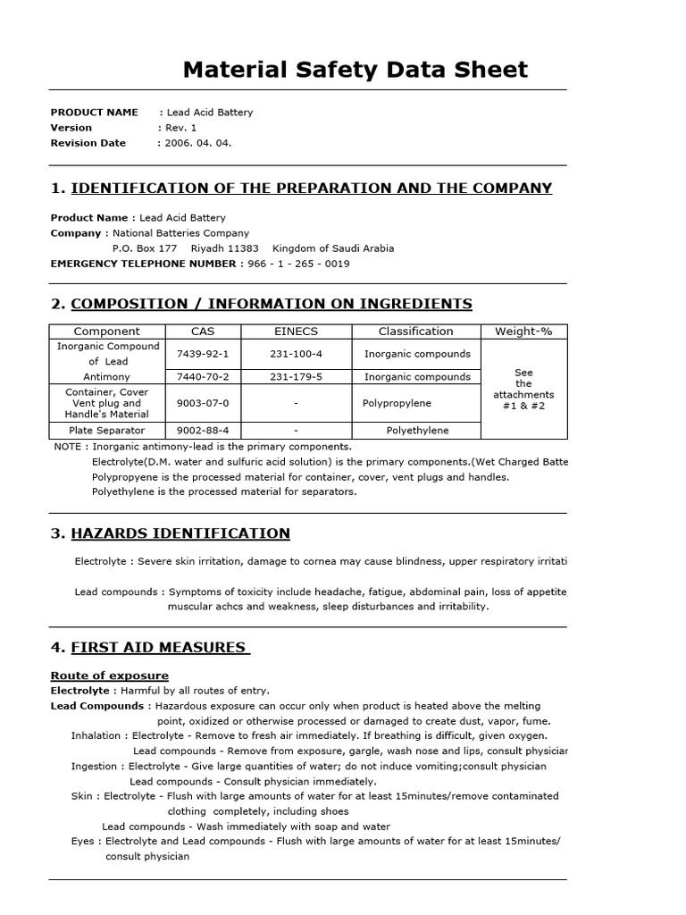MSDS Rev 1 | PDF | Sulfur | Lead