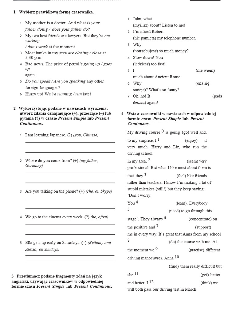 ćwiczenia present simple + continuous (trudniejsze) | PDF