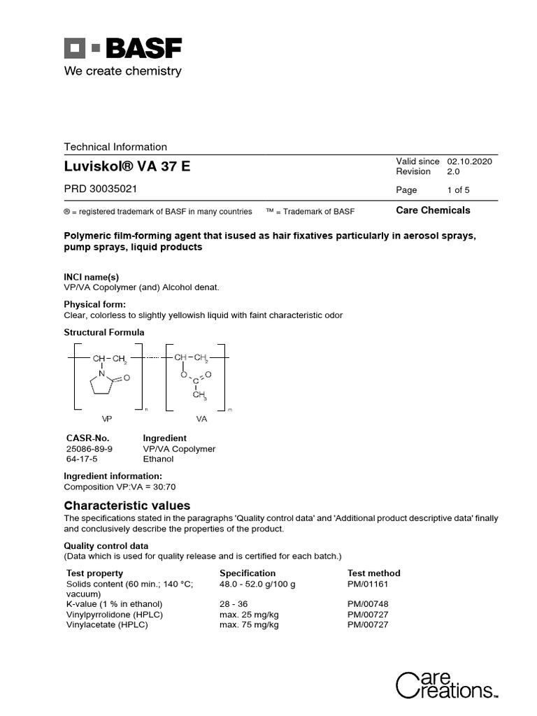 Luviskol® VA 37 E: Technical Information | Download Free PDF | Ethanol ...