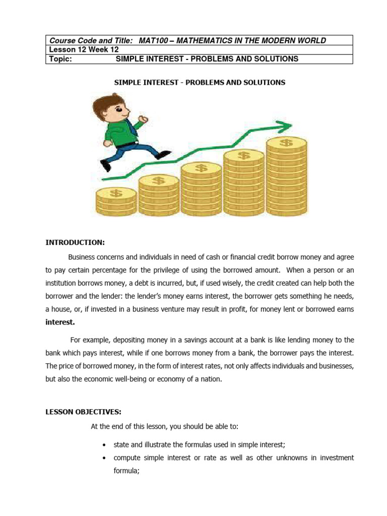 MMW Lesson 12 Week 12 Simple Interest Problems and Solutions | PDF ...