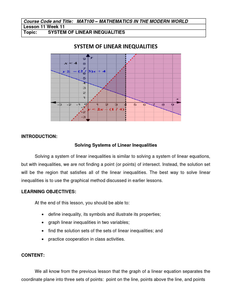 MMW Lesson 11 Week 11 System of Linear Inequalities | PDF | Line ...