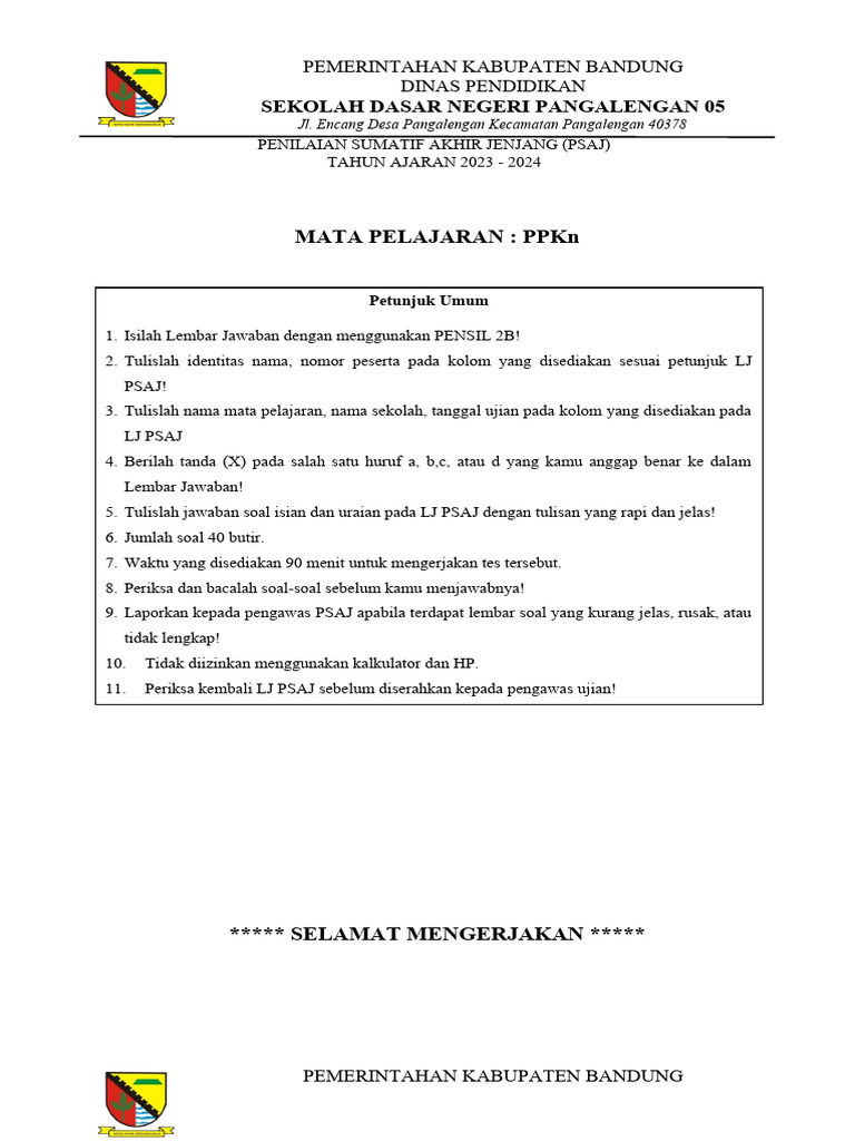 Soal PSAJ PPKN 2024 SD 07 | PDF