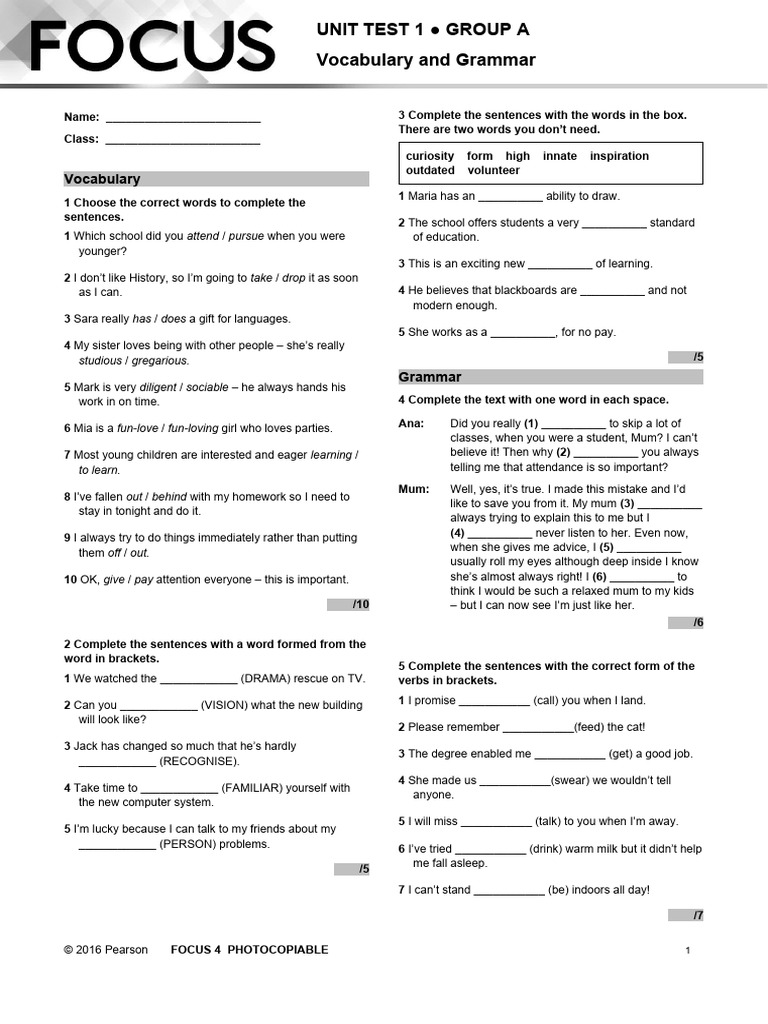 Vocabulary and Grammar Unit Test | PDF | Linguistics