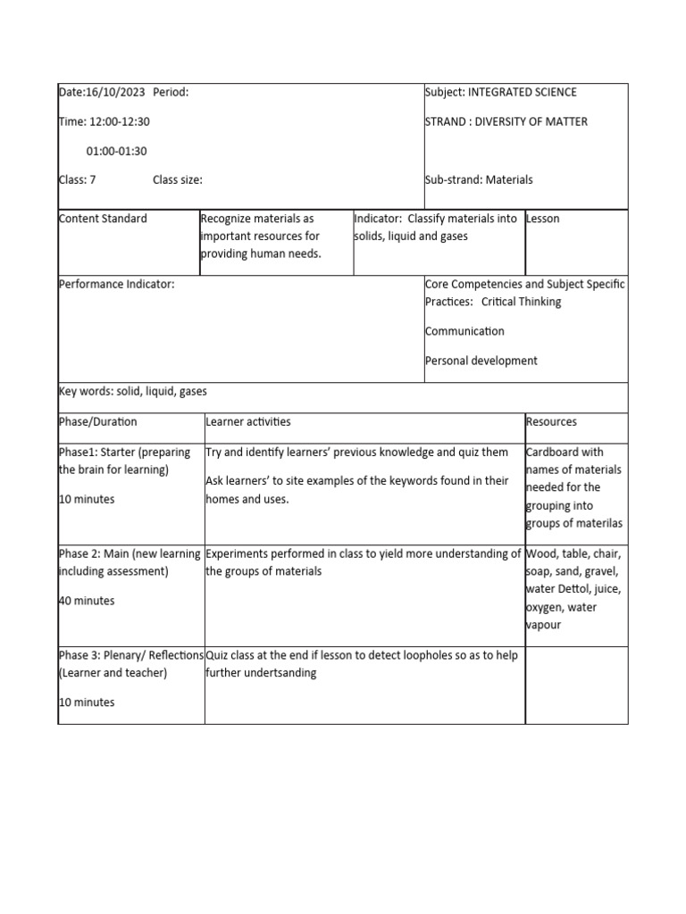 INT. SCIENCE Lesson Note Week 3 B7 To B9 | PDF | Learning | Phase (Matter)