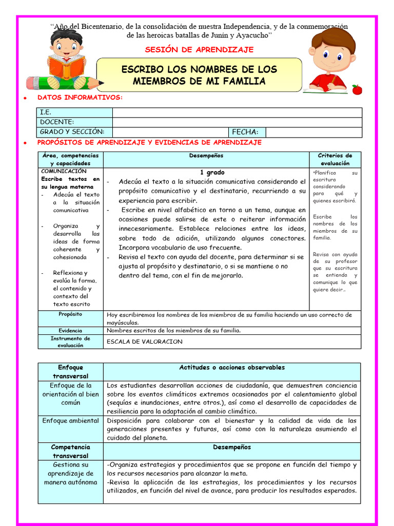 1º U3 S1 Sesion D1 Com Escribo Los Nombres de Los Miembros de Mi Familia | PDF | Aprendizaje ...