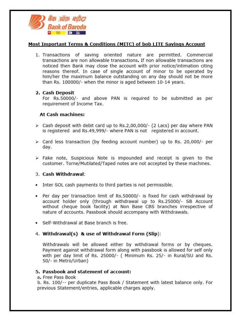 Mitc For Bob Lite Savings Account | PDF | Banks | Transaction Account