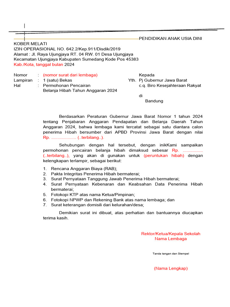 1 Surat Permohonan Pencairan 2024 | PDF