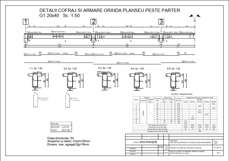 Detalii Cofraj Si Armare Grinda Planseu Peste Parter G1 20x40 Sc. 1:50 ...