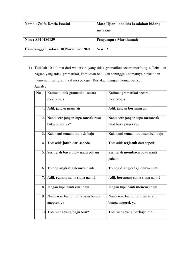 D - A310180139 - Zulfa Destia Isnaini - Analisis Kesalahan Bidang Sintaksis.. | PDF | Kesehatan ...