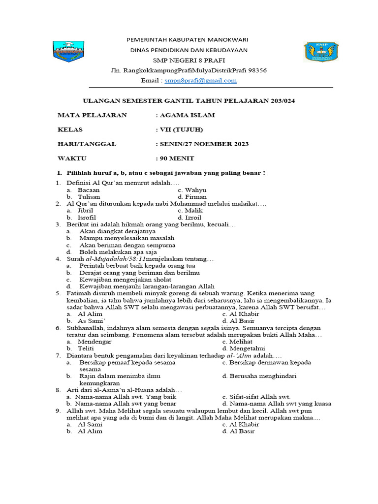 Soal Pai SMP N 8 Kelas 7 Semester 1 | PDF