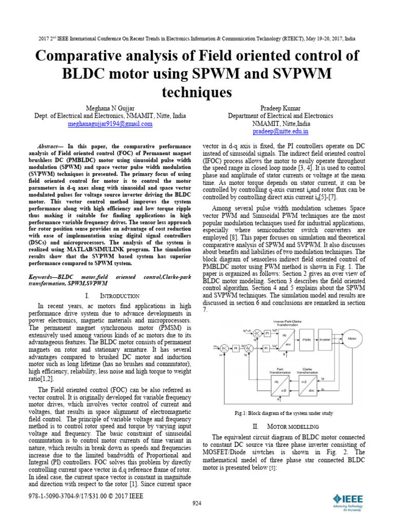 Comparative Analysis Of Field Oriented Control Of Bldc Motor Using Spwm And Svpwm Techniques