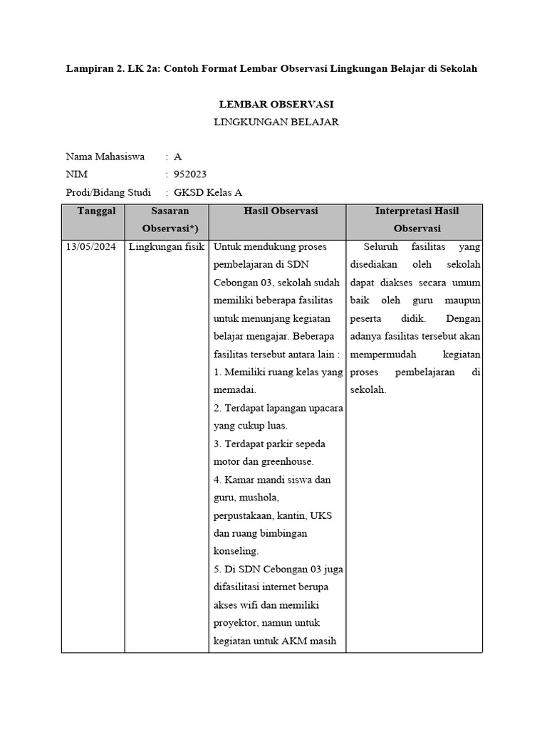Lembar Observasi - Lingkungan Belajar - PPL 2 | PDF Lembar Observasi - Lingkungan Belajar - PPL 2 | PDF