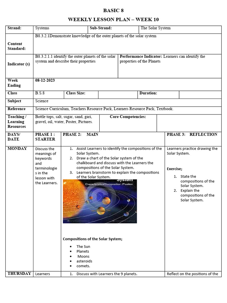 Week 10 Solar System Lesson Plan | PDF | Planets | Solar System