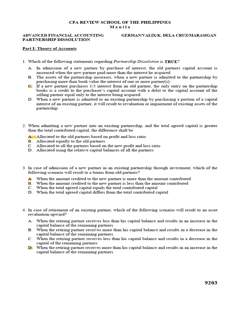 Afar Partnership Dissolution Test Bank Reviewer Pdf Interest