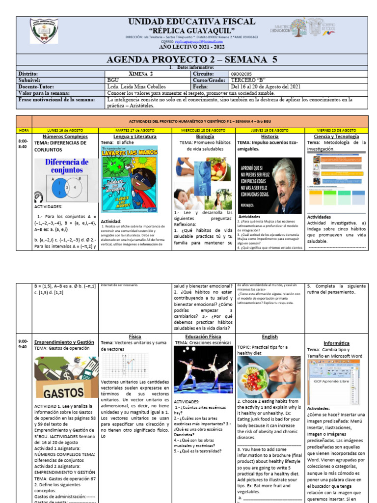 Agenda Proyecto 2 Semana 5 Tercero 2021 | PDF
