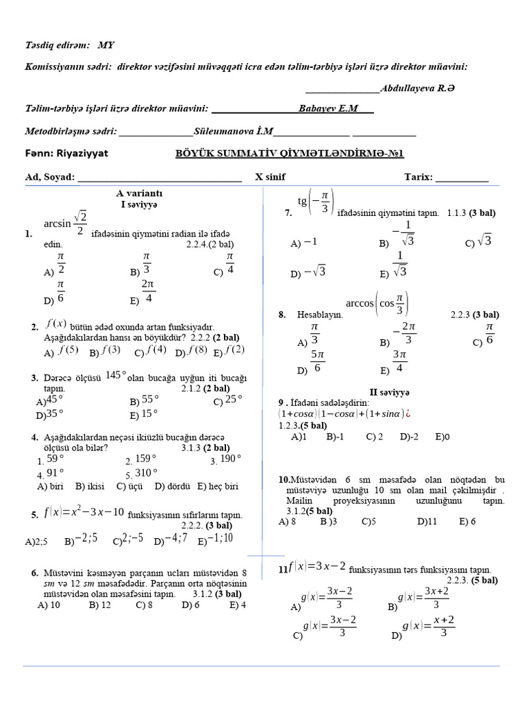 10 Sinif BSQ 1-Riyaziyyat | PDF
