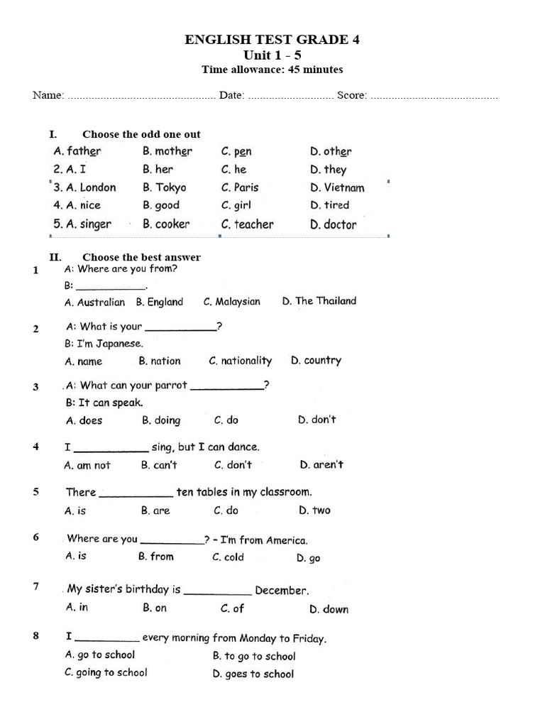 English Test Unit 1, 2, 3, 4, 5 - Grade 4 | PDF