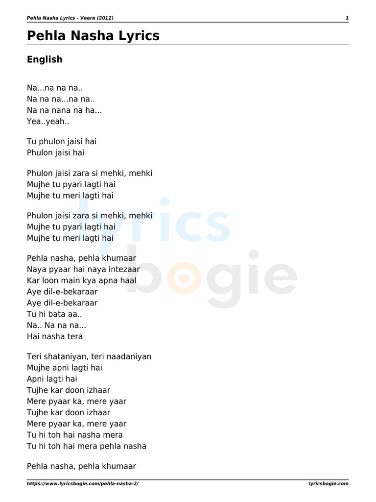 Pehla Nasha Lyrics - Veera 2012 | PDF