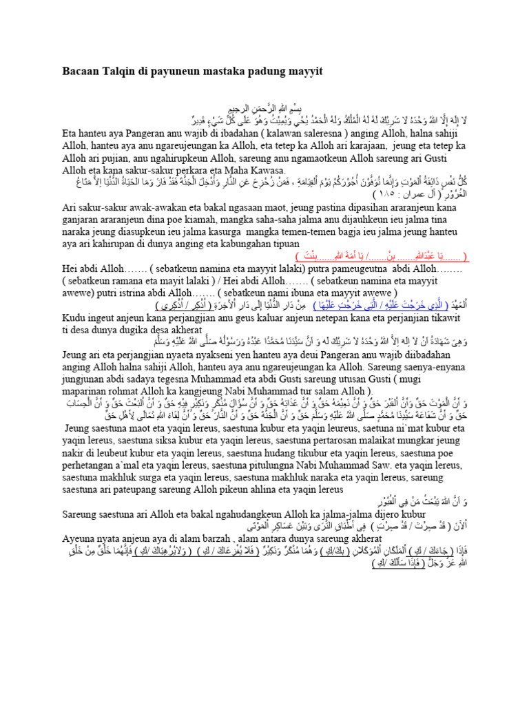 Bacaan Talqin Di Payuneun Mastaka Padung Mayyit | PDF