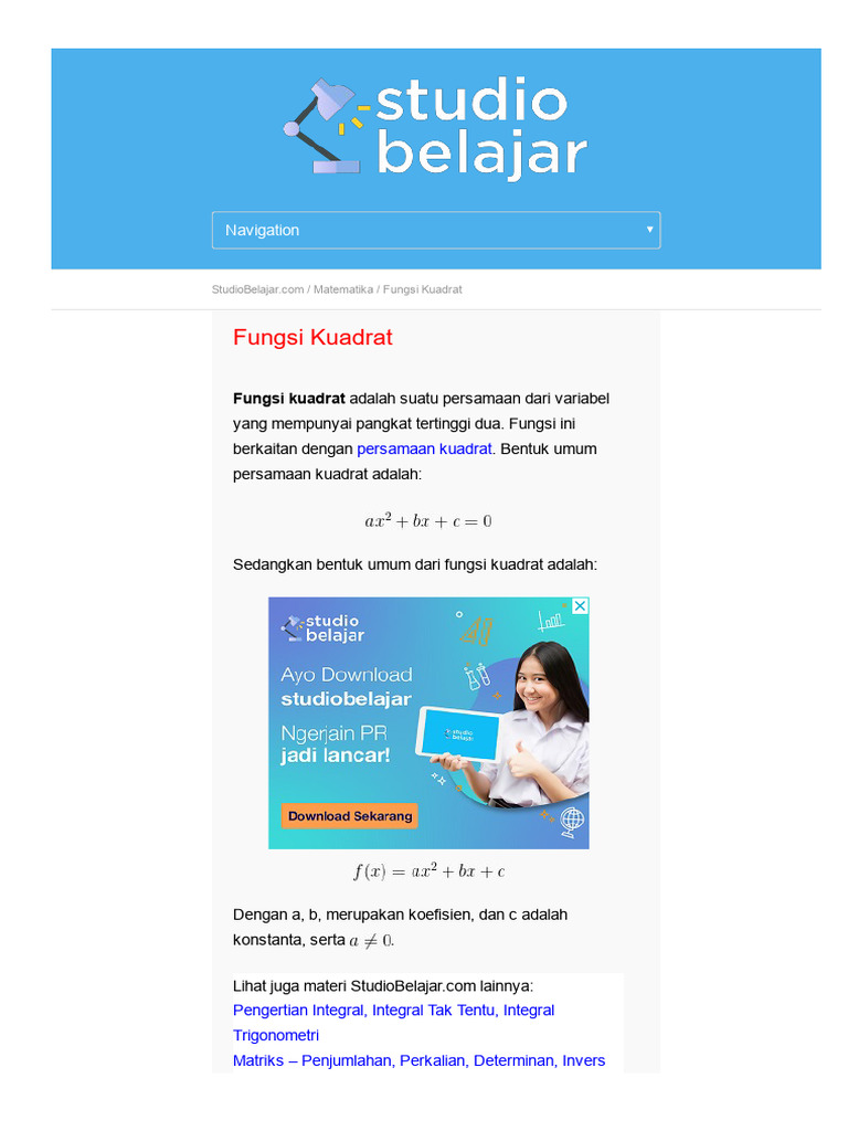 WWW Studiobelajar Com Fungsi Kuadrat | PDF | Metode & Bahan Ajar