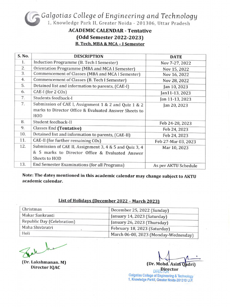 Acad - Cal (Btech, Mba & Mca I Sem) - Odd Sem - 2022-23 | PDF