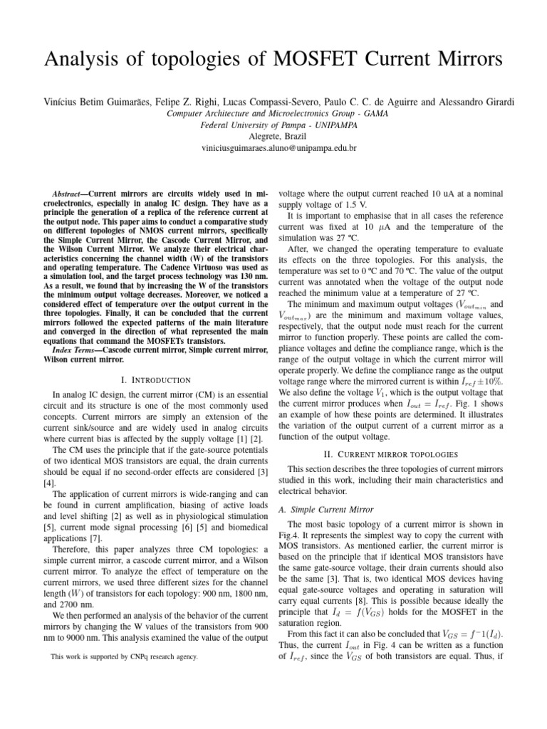 Analysis of Topologies of Mosfet Current Mirrors | PDF | Mosfet | Field Effect Transistor