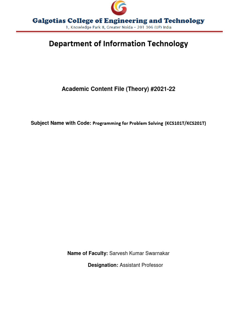 6 KCS101T 201T Prog For Prob Solving | PDF | C (Programming Language) | Computer Program