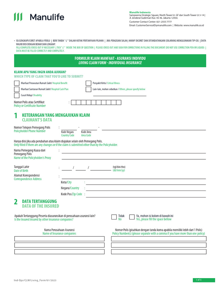 Formulir Klaim Manfaat Pertanggungan - Asuransi Individu | PDF