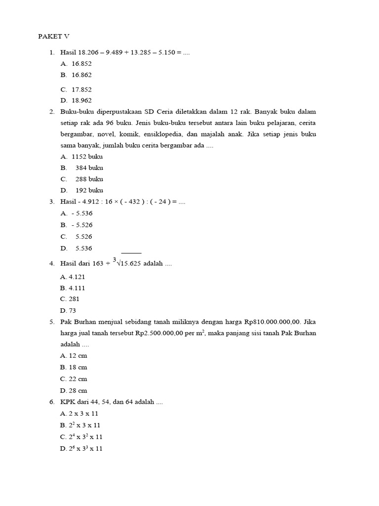 Latihan Soal Aspd Matematika SD | PDF