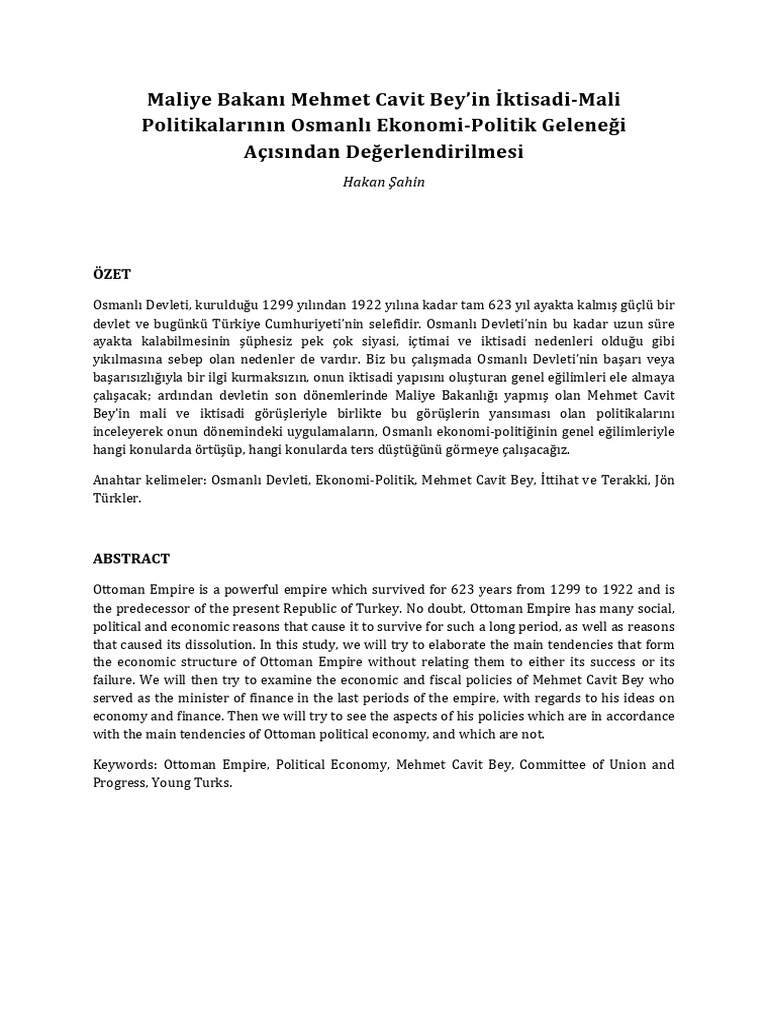 Liberal Maliye Bakanı Cavid Bey Ve Osmanlı Ekonomi Politiği | PDF
