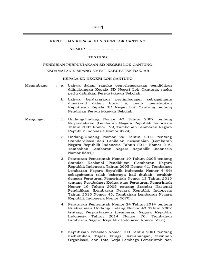 SK PENDIRIAN PERPUSTAKAAN SEKOLAH Lok Cantung | PDF