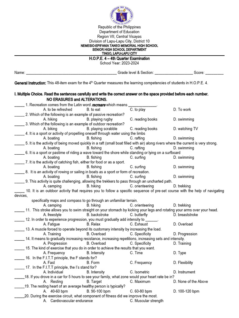 4th Quarter P.E FINAL EXAM | PDF | Aerobic Exercise | Physical Fitness