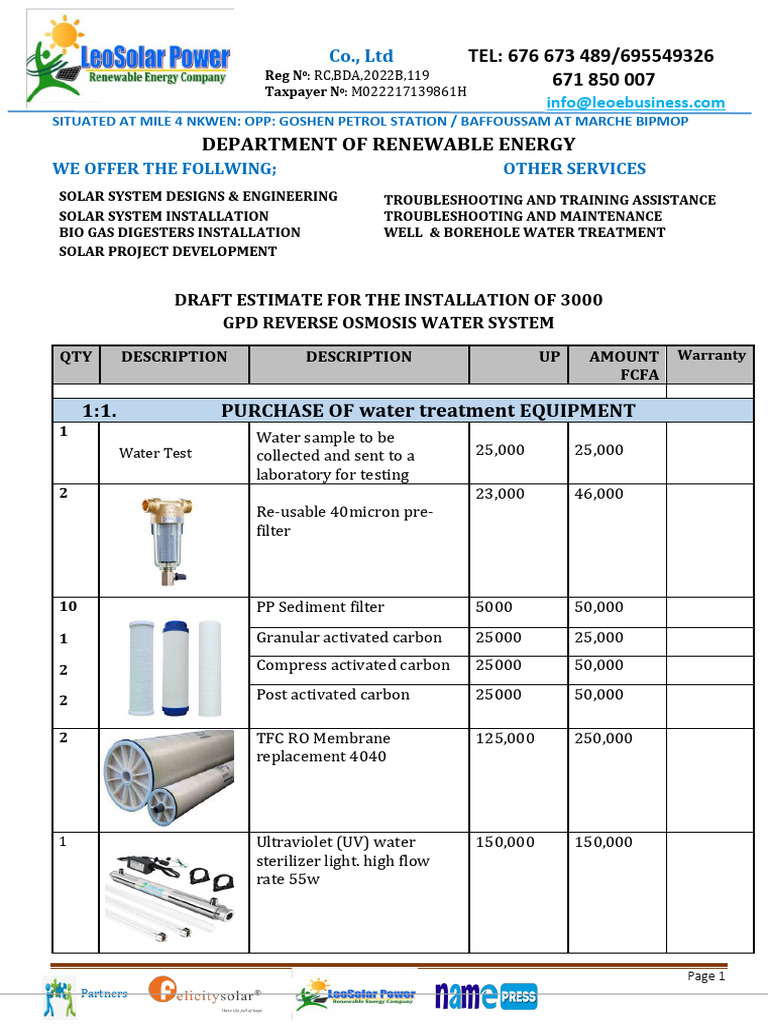 Draft estimate for water treatment | PDF | Water Treatment ...