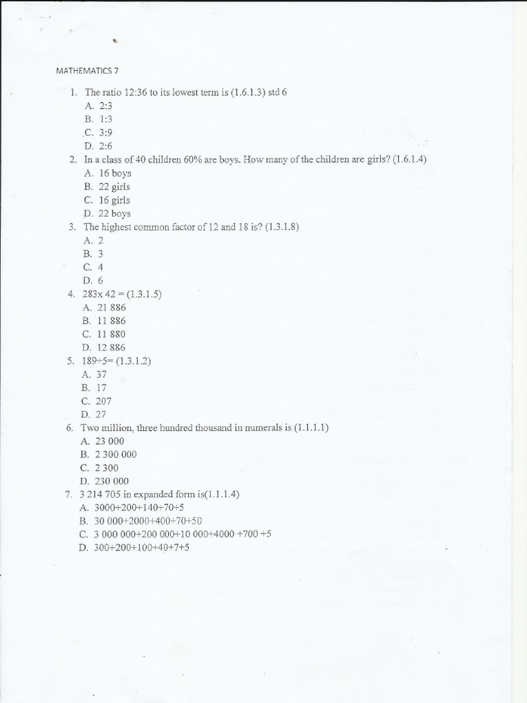 Maths 7 Mock Exam Combined in 2023 by MR O. Abeilwe | PDF