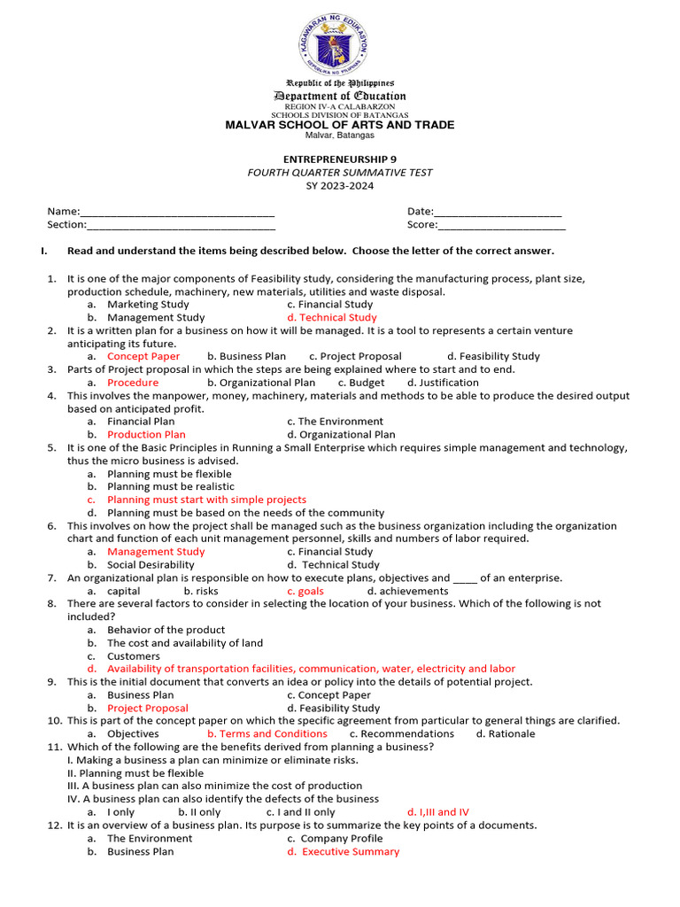 4th Quarter Summative Test Entrep23 24 Key | PDF | Marketing | Business ...