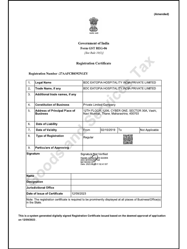 GST Certificate Revised 21-09-2023 | PDF