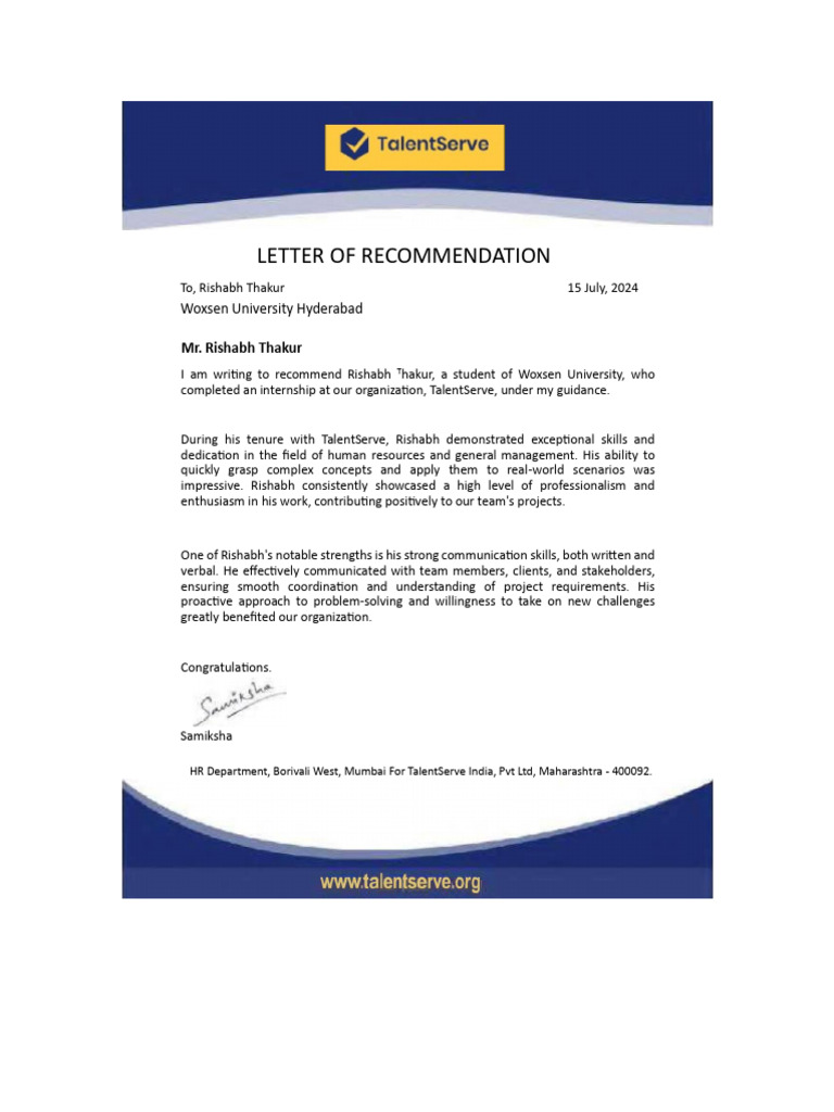 Internship Talentserve Letter of Recommendation - Rishabh Thakur ... Internship Talentserve Letter of Recommendation - Rishabh Thakur ...
