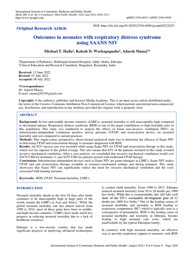 Outcomes in Neonates With Respiratory Distress Syndrome Using SAANS NIV ...