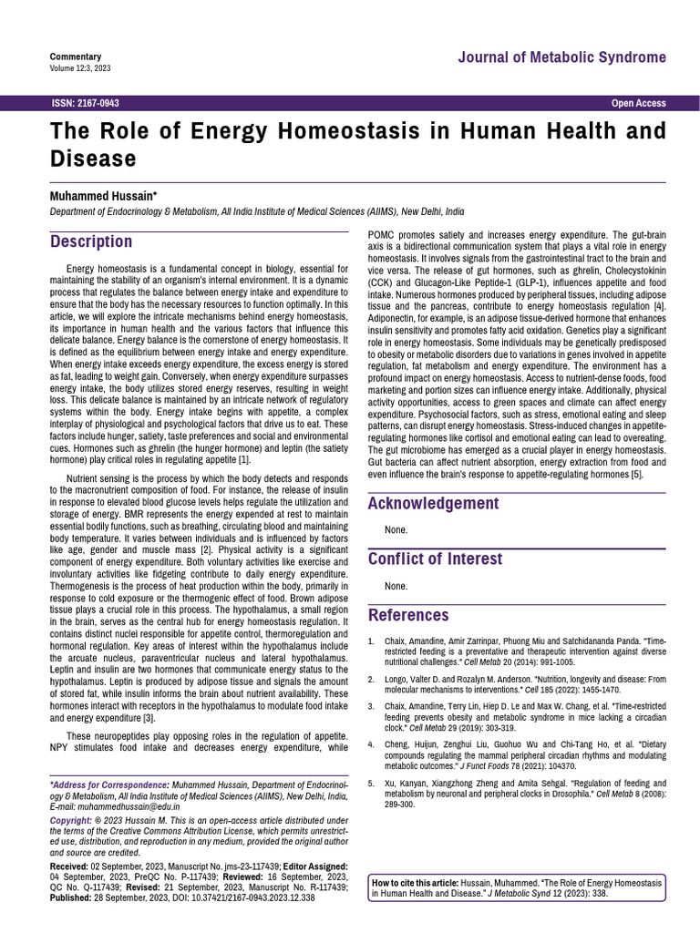 The Role of Energy Homeostasis in Human Health and Disease | Download ...
