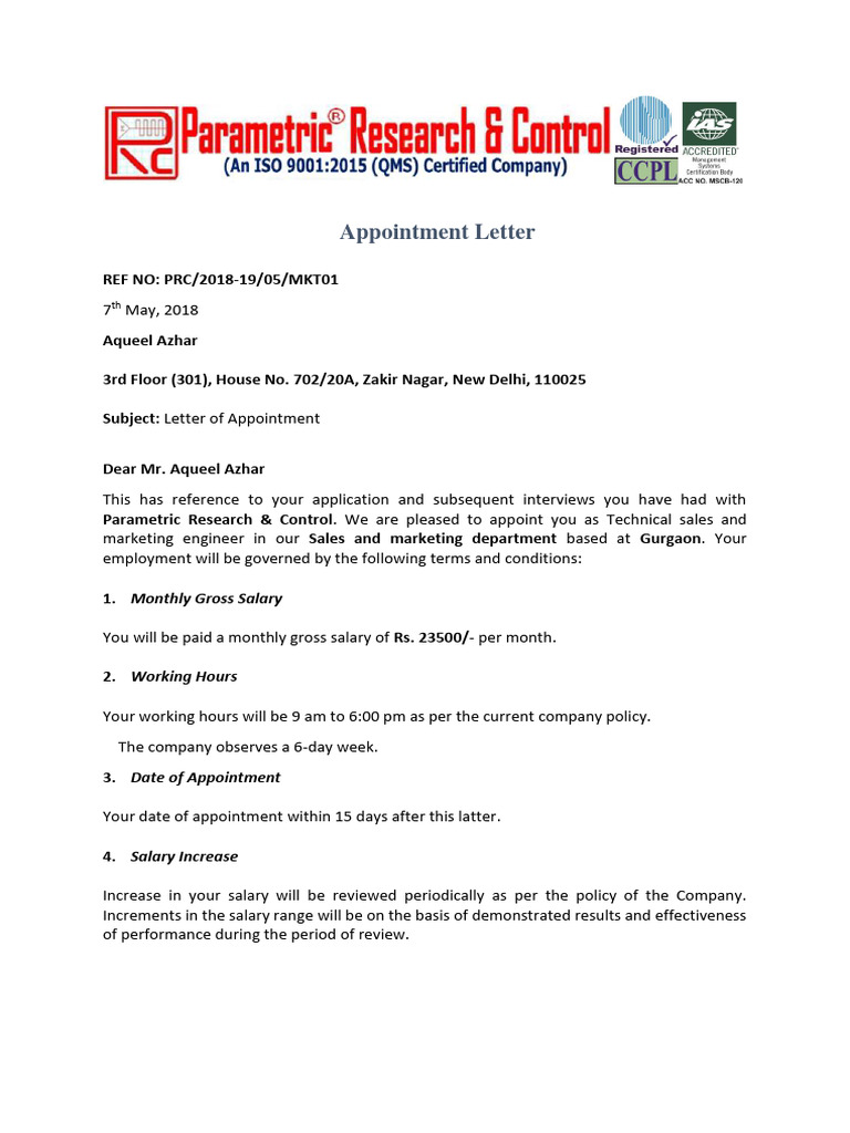 Appointment Letter PRC | Download Free PDF | Salary | Employment
