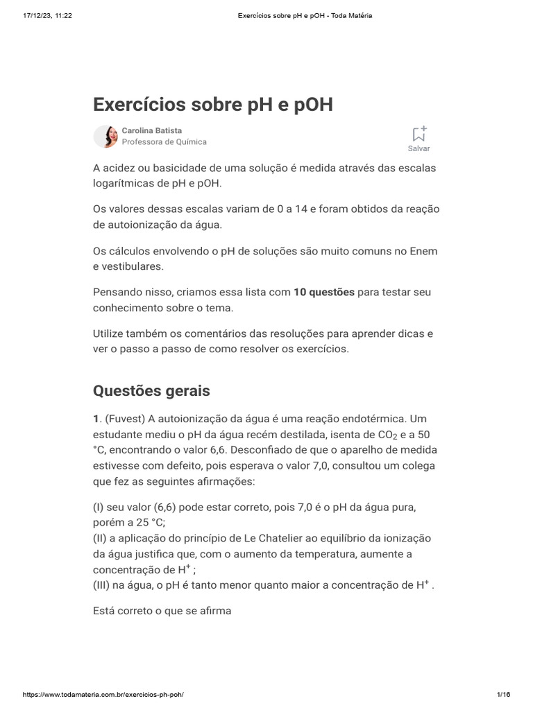 Exercícios Sobre PH e pOH - Toda Matéria - Cópia | PDF | Ph | Ácido