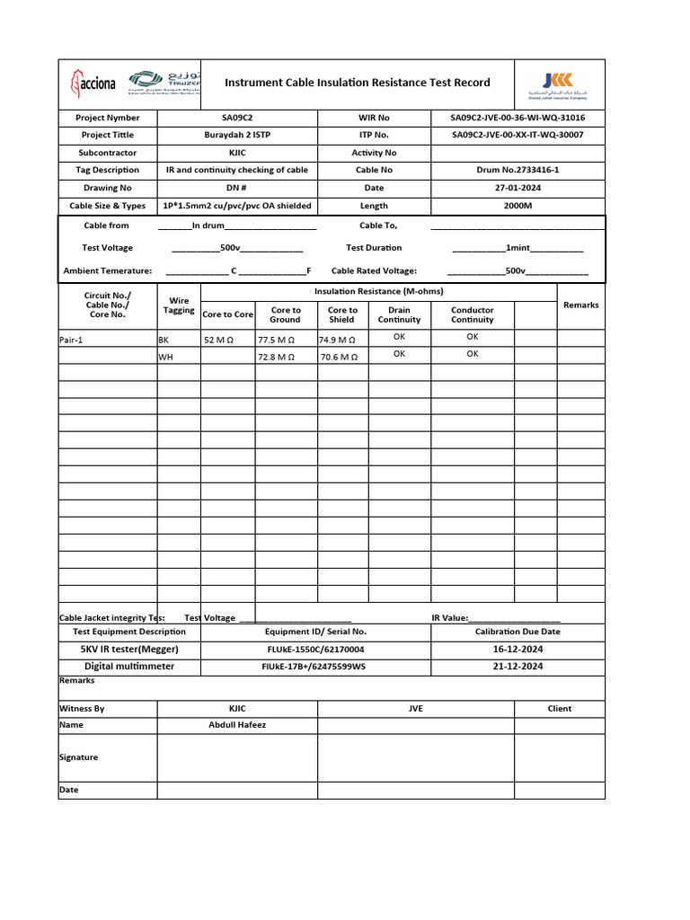 Instrument Cable Insulation Resistance Test Record AFTER PULLING | PDF ...