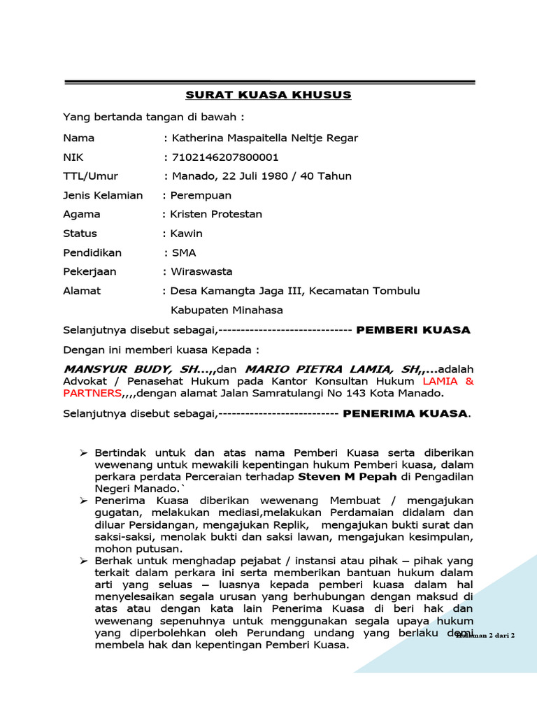 Surat Kuasa Perceraian Manado | PDF