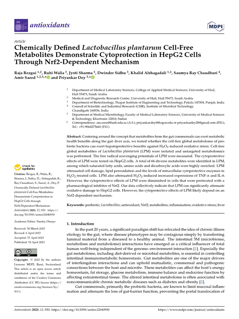 Lactobacillus Plantarum - Cytoprotection in HepG2 Cells Mechanism | PDF | Probiotic | Biology