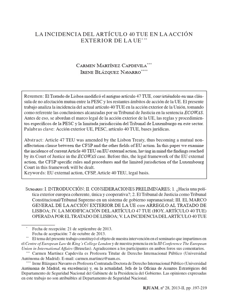 Capdevila Eñ Art 40 Del TUe en La Acciiòn Exterior Dela UE | PDF | tratado de Maastricht | Unión ...