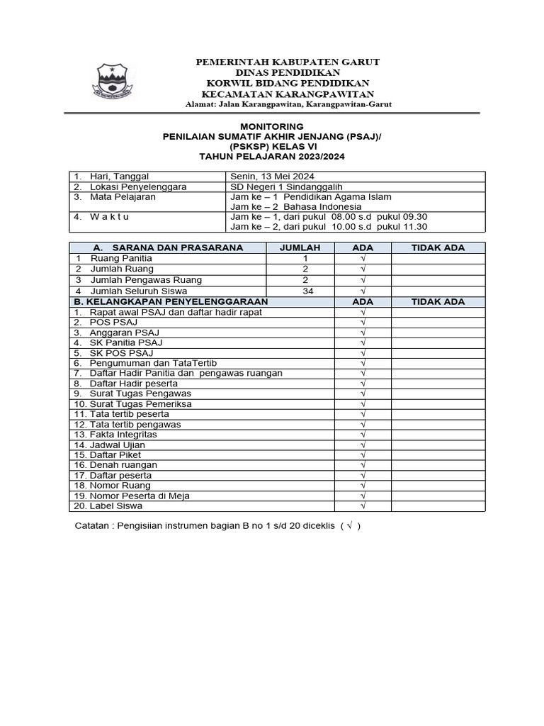 Monitoring PSAJ Kelas VI Garut 2024 | PDF