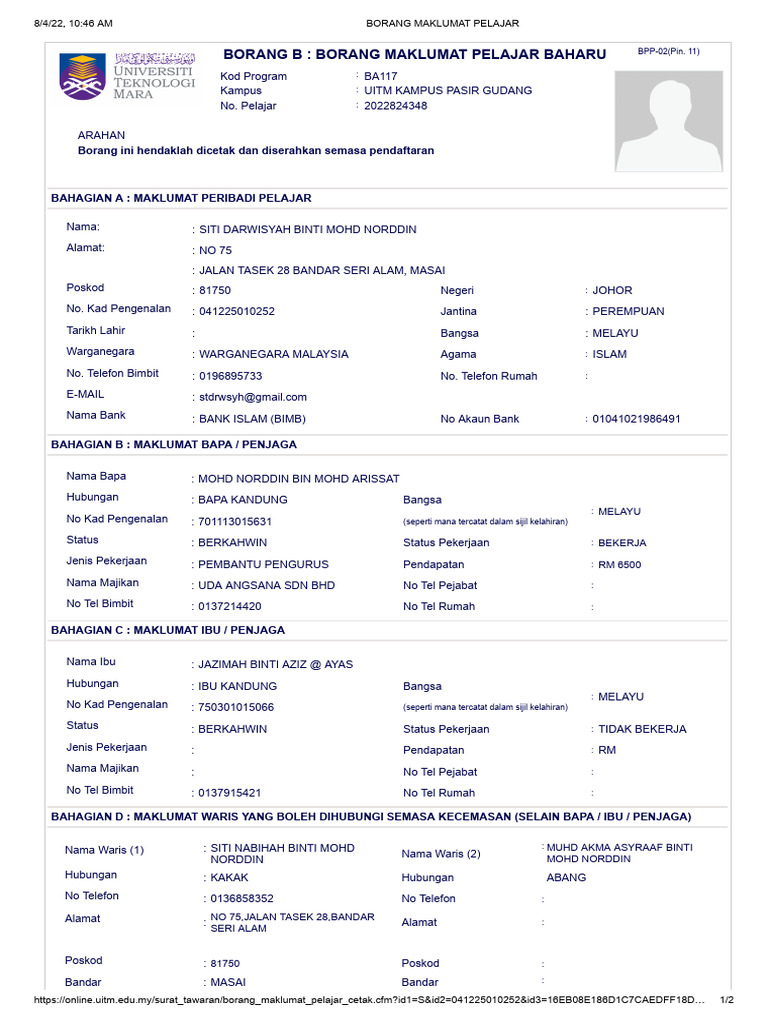 Borang Maklumat Pelajar Uitm | PDF