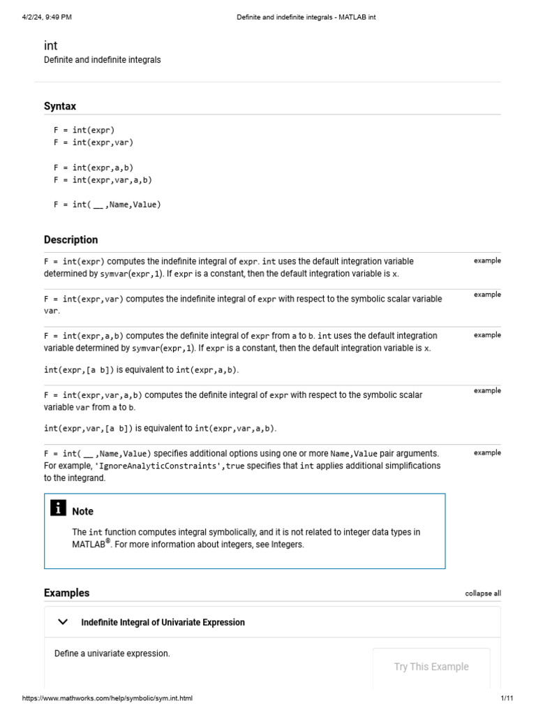 Definite and Indefinite Integrals - MATLAB Int | PDF | Integral ... Definite and Indefinite Integrals - MATLAB Int | PDF | Integral ...